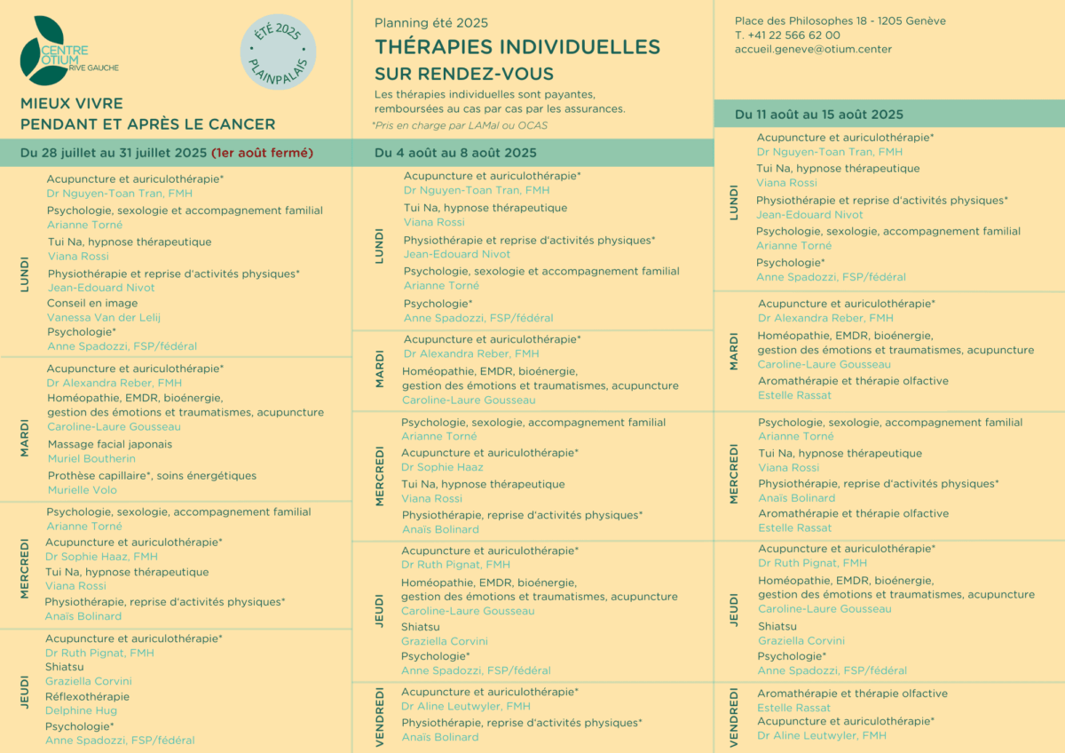 Planning estival 2025 - Centre Otium - Soutien cancer